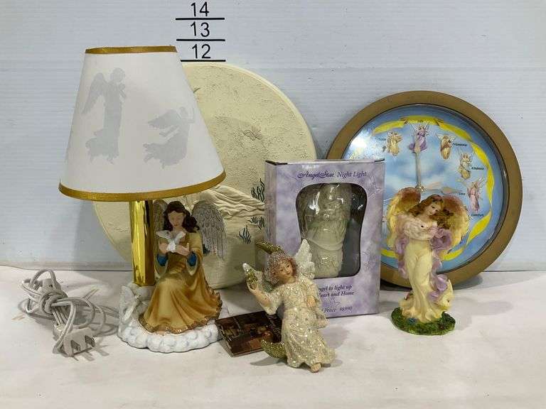 Collection of Angel-Themed Décor Including Lamp, Figures, Wall Clock ...
