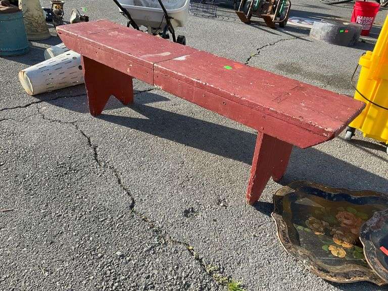 Red Painted Bench with Angled Legs, 57x12x17” High - Hash Auctions