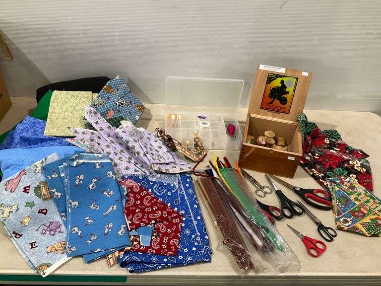 Assorted Sewing and Craft Supplies Including Fabric, Scissors, Thread ...