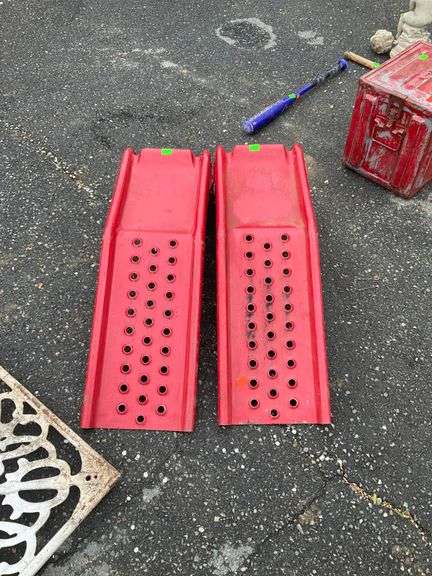 Pair of Red Metal Automotive Wheel Ramps with Perforated Surface - Hash ...