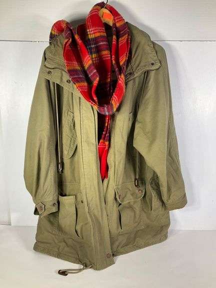 Olive Green Jacket with Red Plaid Scarf and Button Details, Made in ...