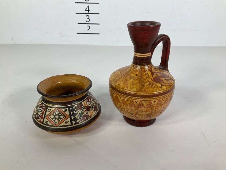 Painted Ceramic Vessel and Handled Pitcher with Geometric Designs ...