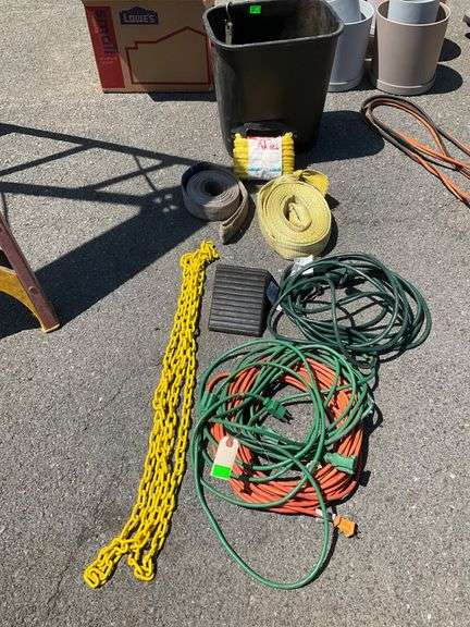 Mixed Lot of Chain, Extension Cords, Wheel Chock, and Cloth Slings ...