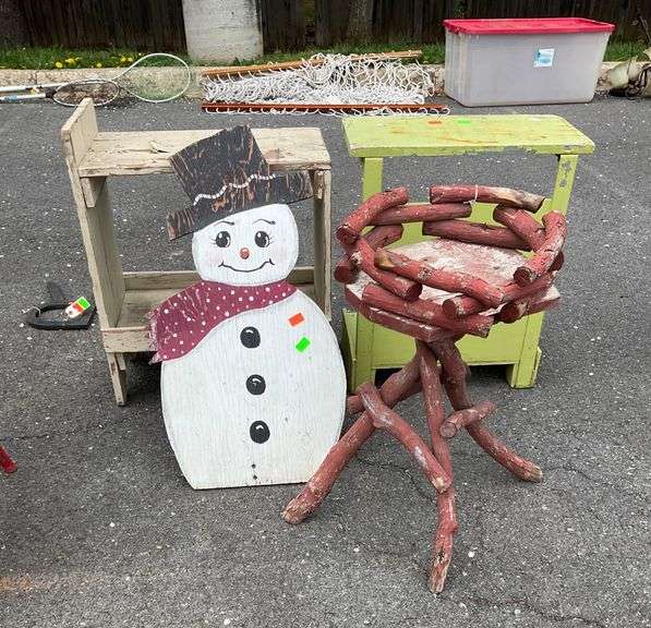 Twig Style Planter and Wooden Snowman Yard Decoration, 2’H - Hash Auctions