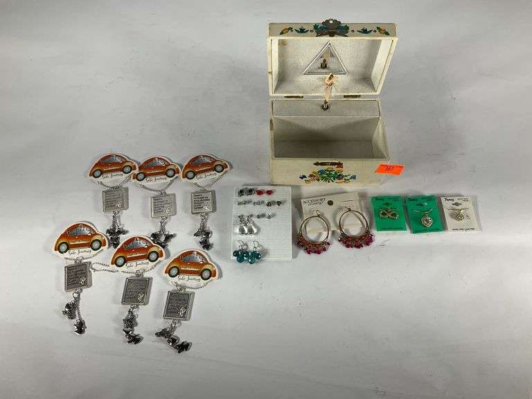 Assorted Jewelry Lot with Earrings, Keychains, Necklaces, and Decorative Box - Hash Auctions