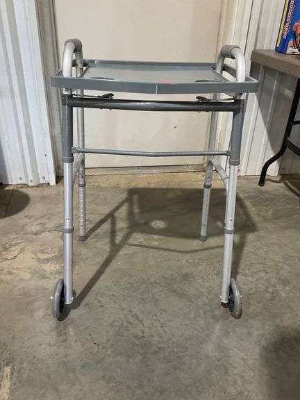 Gray Mobility Walker with Attached Tray and Two Wheels - Hash Auctions