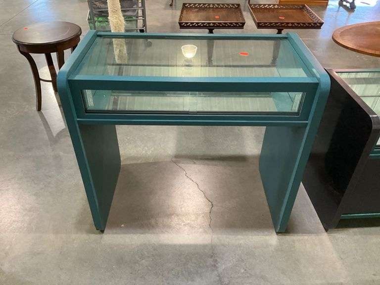 Glass-Top Display Desk With Teal Frame, 36x20x33 Inches Tall - Hash ...