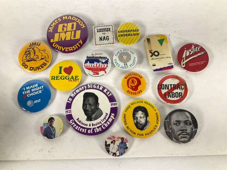 Collection of Assorted Political, Sports, and Cultural Pins and Buttons ...