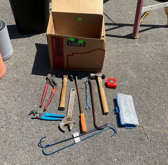 Assorted Hand Tools and Hardware in Cardboard Box - Hash Auctions