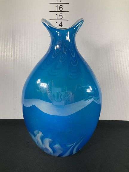 Blue Art Glass Vase With Swirled Design and Flared Rim - Hash Auctions