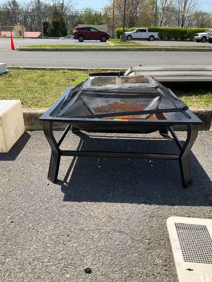Square Outdoor Fire Pit with Mesh Cover and Base - Hash Auctions