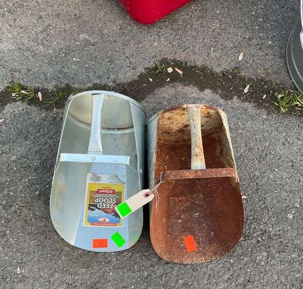 Set of Two 4-Quart Metal Feed Scoops, Including One Rusted Variant ...