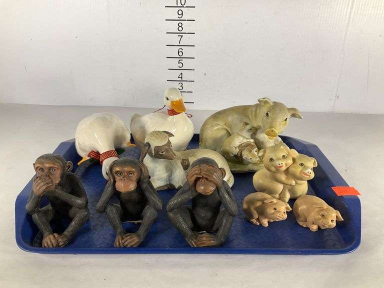 Collection of Animal Figurines Featuring Monkeys, Pigs, Ducks, and ...