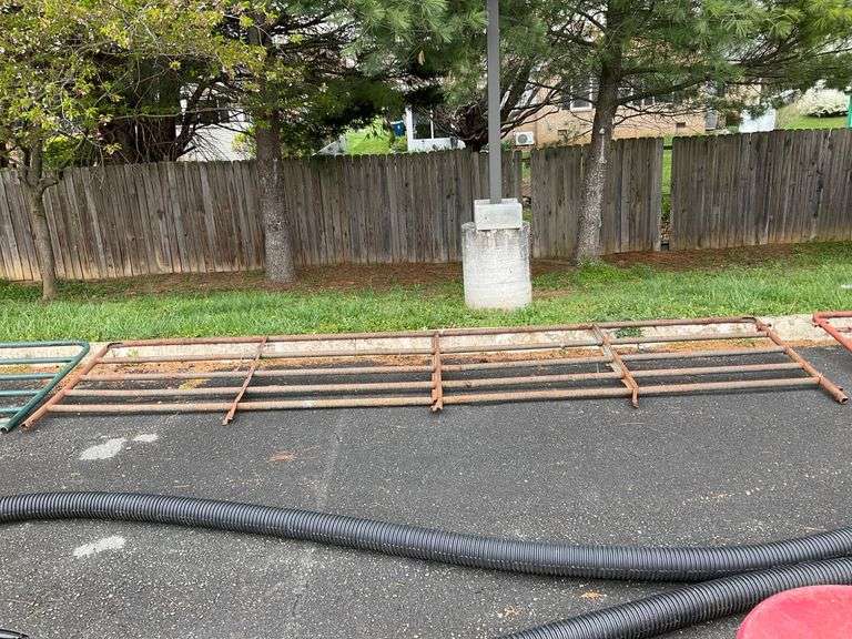 16-Foot 5-Pipe Farm Gate with Missing Pipe and Rust Holes - Hash Auctions
