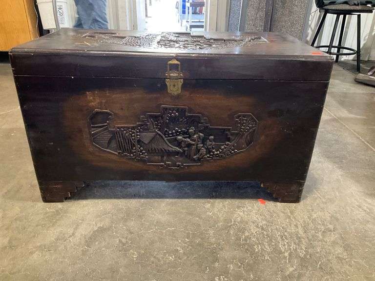 Carved Storage Chest With Geometric Motif and Hinged Lid - Hash Auctions