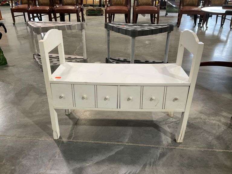 White Entryway Bench with Two Drawers and One Split Leg - Hash Auctions