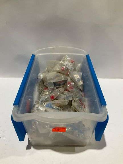 Plastic Storage Bin with Assorted Signal Splitters and Connectors ...