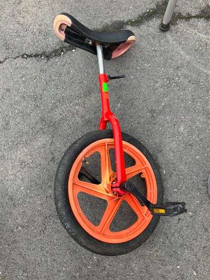 Red Single-Wheel Unicycle with Orange Spoked Wheel and Black Seat ...
