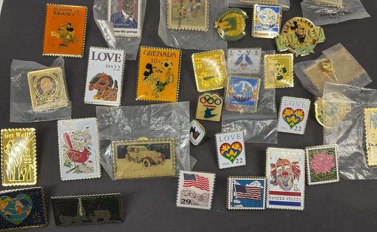 USPS postal stamps pins, some with Disney Mickey Mouse - Hash Auctions
