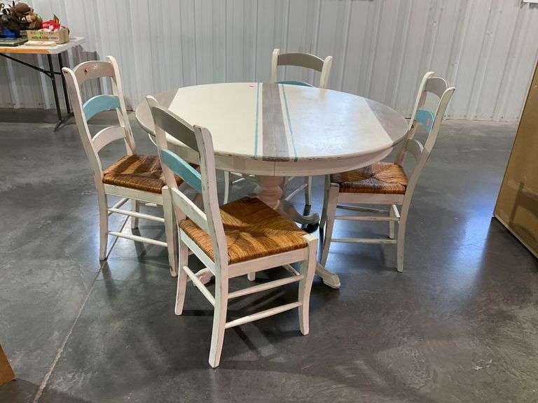 Painted 48-Inch Round Table with Four Ladder-Back Chairs - Hash Auctions