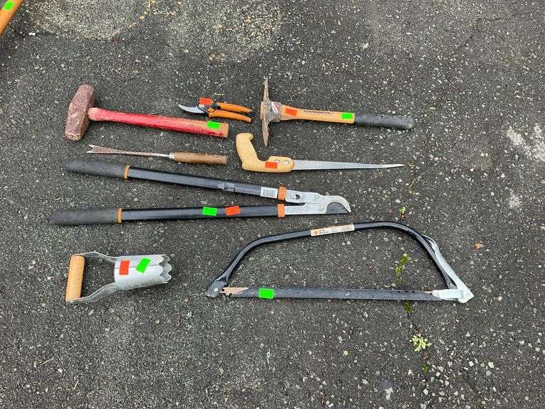 Mixed Garden Tool Lot Featuring Picks, Pruners, Saws, and Hammer - Hash ...