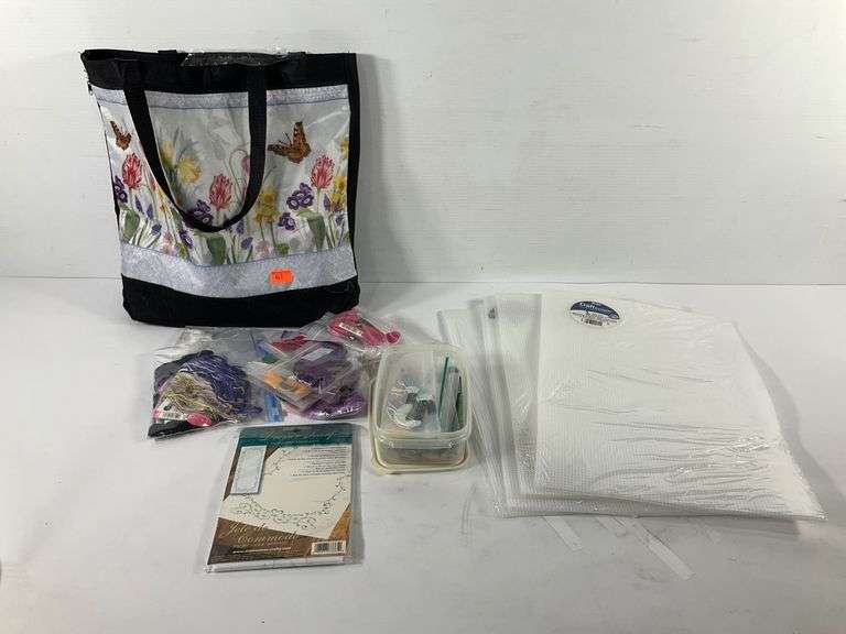 Craft Tote with Plastic Canvas Sheets, Embroidery Supplies, and Tools ...