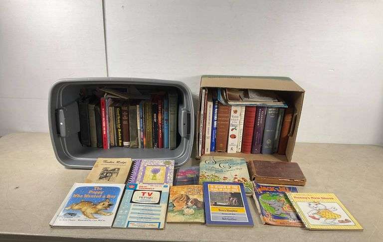 Assorted Collection of Books in Plastic Tote and Cardboard Box - Hash ...