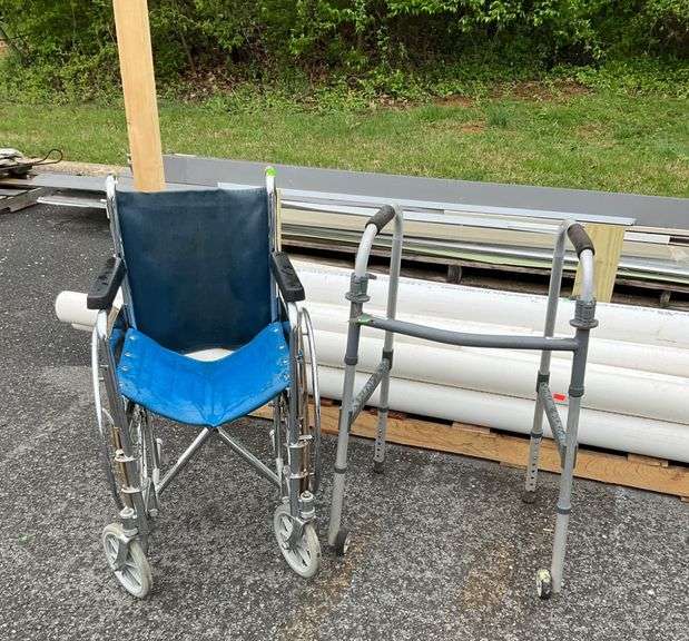 Metal Wheelchair with Blue Seat and Adjustable Walker - Hash Auctions