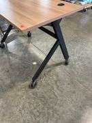48″ Wide Folding Drafting style Table on Casters with Light Brown Top and Black Aluminum Frame ...