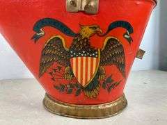Red Metal Coal Scuttle with Eagle and Shield Motif - Hash Auctions