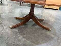 Oval Pedestal Coffee Table with Veneer Top and Metal-Capped Feet - Hash ...
