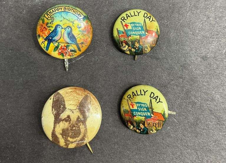 Four vintage pins from the 1930’s Rally Day, happy birthday, and dog ...