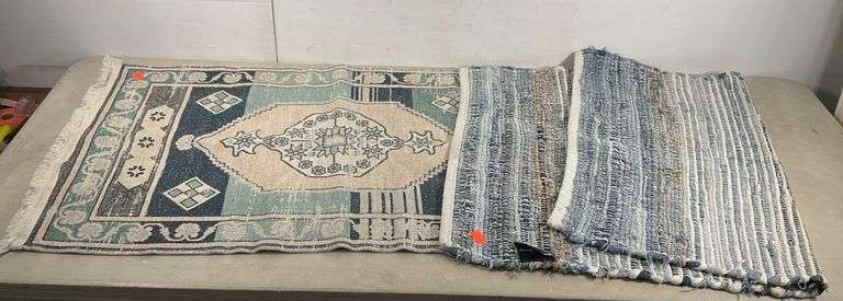 Two Decorative Rugs: 44×25” Geometric Design and 44×27” Woven Denim by ...
