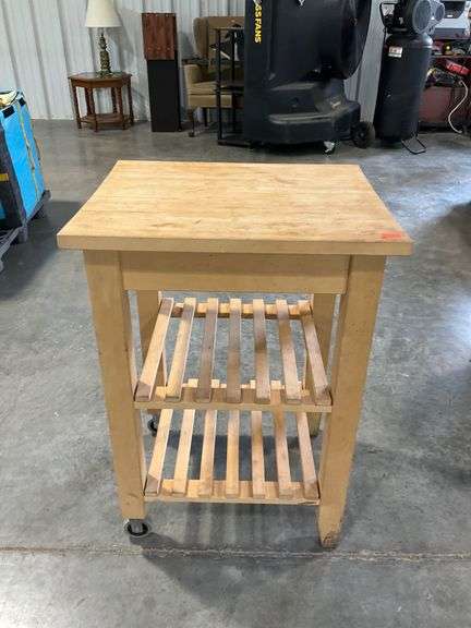 Butcher Block Kitchen Island with Two Slatted Shelves on Casters, 34in ...