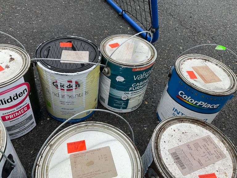 Assorted open Paint Cans from Multiple Brands Including Valspar ...