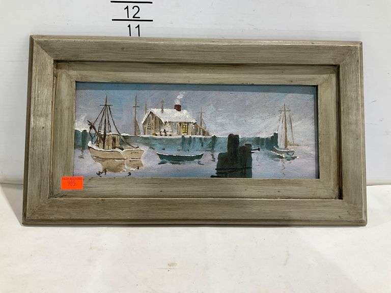 Framed Rectangular Maritime Painting of Boats and Harbor - Hash Auctions
