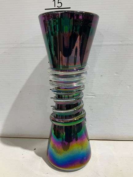 Iridescent Glass Vase with Ribbed Clear Glass Midsection - Hash Auctions