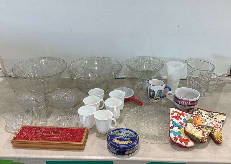 Assorted Household Items Including Glass Bowls, Mugs, Cups, and ...
