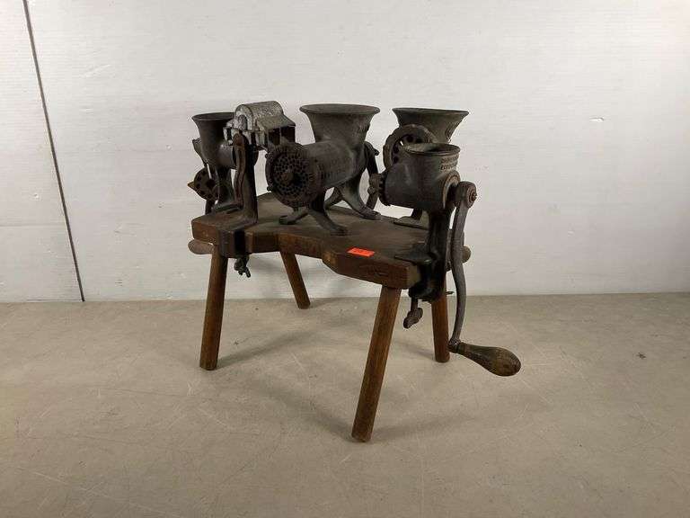 Cast Iron Food Choppers and Grinders on Wooden Stand, Including ...