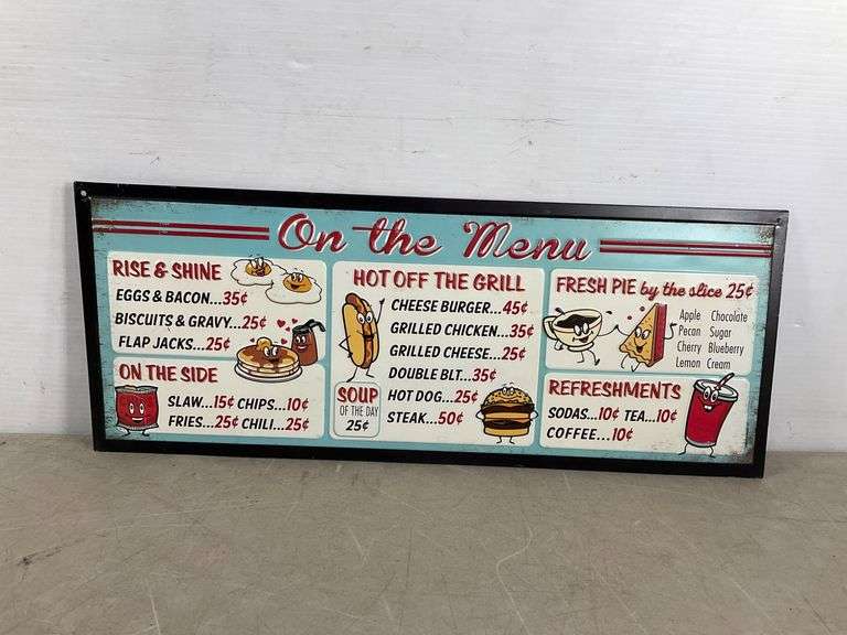 Metal Retro-Style Menu Sign with Illustrated Food Items, 24×9.5″ - Hash ...