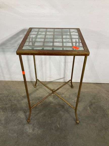 Metal and Glass Side Table with Grid Design, 23in Tall - Hash Auctions