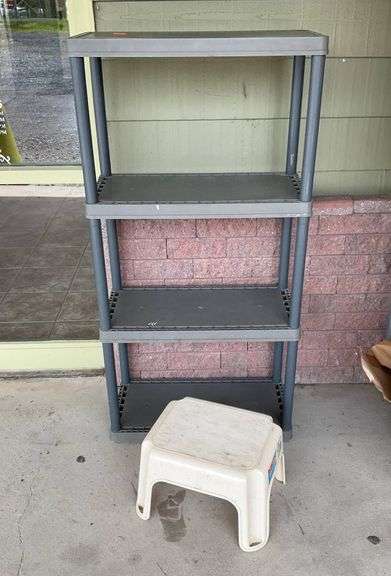 Gray Four-Tier Plastic Shelving Unit and White Plastic Step Stool ...
