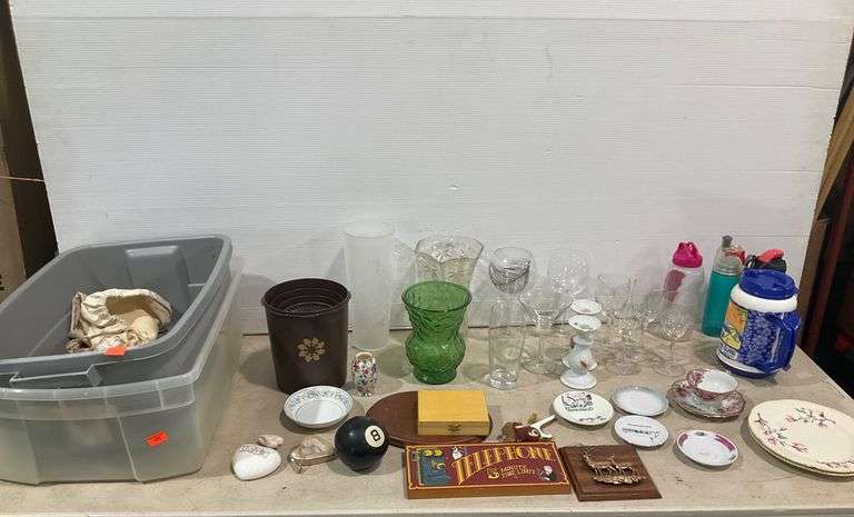 Household Items and Decorative Glassware with Storage Bin - Hash Auctions