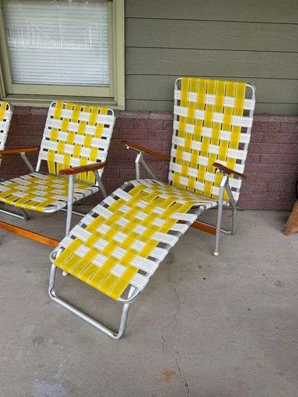 Two Webbed Folding Chairs and One Webbed Chaise Lounge with Aluminum ...