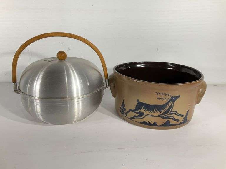 Stoneware Crock with Blue Deer Motif and Mirro Aluminum Pot with Wooden ...