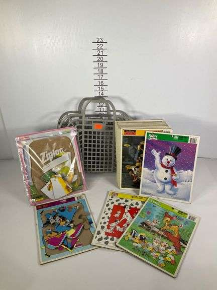 Lot of 22 Frame-Tray Puzzles With Plastic Storage Basket - Hash Auctions