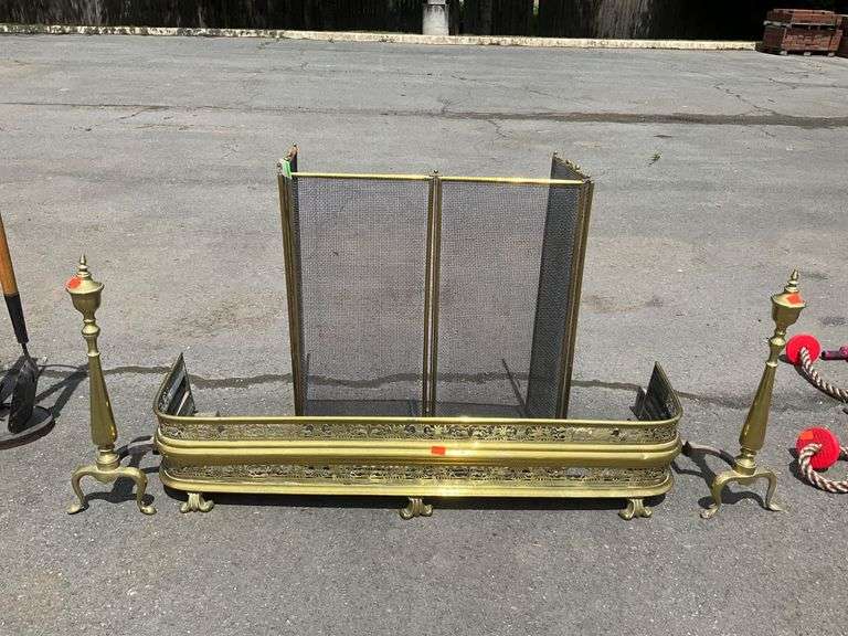 Brass Fender, Fireplace Screen, and Andirons Set with Ornate Details ...