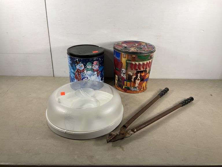 Two Decorative Tins, Plastic Divided Food Storage Container with Crack ...