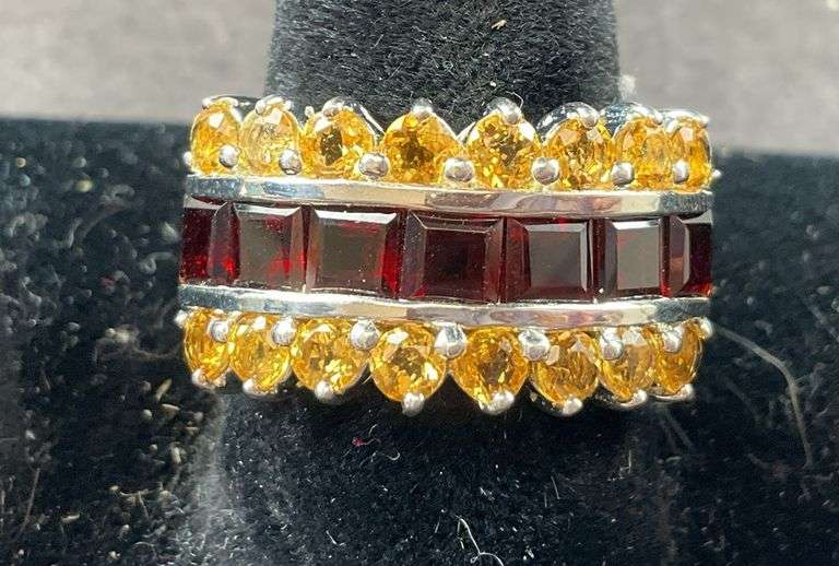 Ring/ Band With Amber And Garnet Stones 7.8 grams Sterling Silver size ...