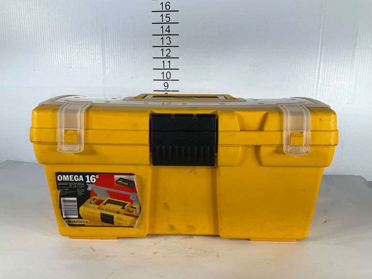 Yellow Plastic Tool Box with Internal Compartments and Assorted Tools ...